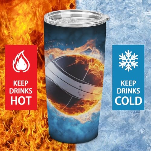 FHENMSA Stainless Steel Insulated Travel Coffee Mug,Ice And Fire Volleyball Print Reusable Car Cup,Thermal Cup for Outdoor with Straw And Lid