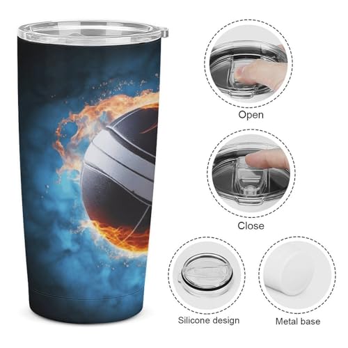 FHENMSA Stainless Steel Insulated Travel Coffee Mug,Ice And Fire Volleyball Print Reusable Car Cup,Thermal Cup for Outdoor with Straw And Lid