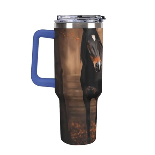 Wild Animal Mare And Foal Horse 40 Oz Car Cup Stainless Steel Travel Mug Leak-Proof Insulated Tumbler with Handle Deep Blue-style