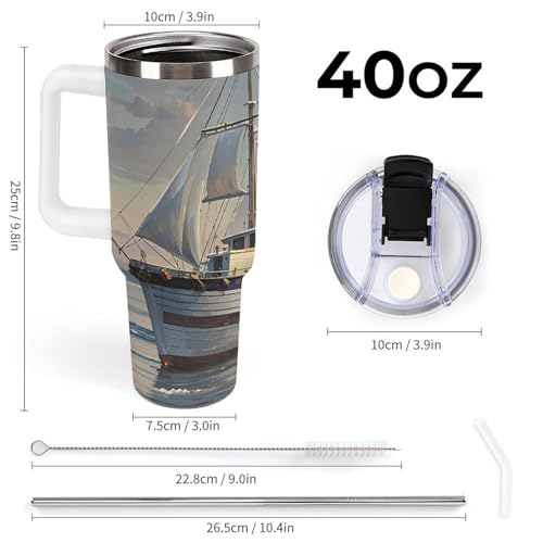 LLUTSNTH 40 Oz Vacuum Tumbler with White Handle Leakproof Insulated Tumbler Ship And Compass Stainless Steel Travel Mug with Lid And Straw Coffee Cup Cute Water Bottles Cup Holder Friendly