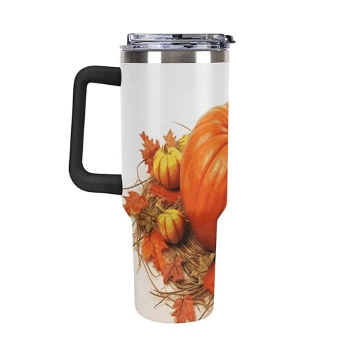LLUTSNTH 40 Oz Vacuum Tumbler with Black Handle Leakproof Insulated Tumbler Fall Pumpkin Stainless Steel Travel Mug with Lid And Straw Coffee Cup Cute Water Bottles Cup Holder Friendly