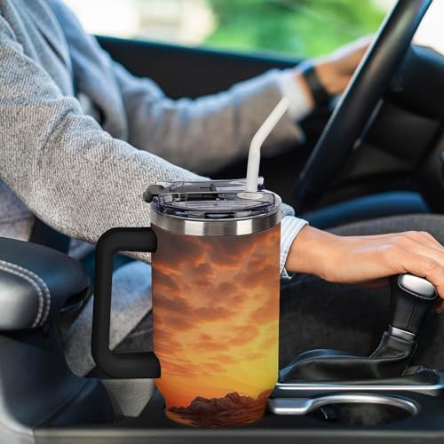 STVNKML 40 Oz Tumbler with Handle Sea Lighthouse in Sunset Stainless Steel Coffee Mug Reusable Travel Mug Leak-proof Insulated Car Cup Large Capacity Tumbler for Travel, Outdoor, Home Use (Black)