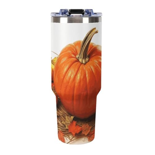 LLUTSNTH 40 Oz Vacuum Tumbler with Black Handle Leakproof Insulated Tumbler Fall Pumpkin Stainless Steel Travel Mug with Lid And Straw Coffee Cup Cute Water Bottles Cup Holder Friendly