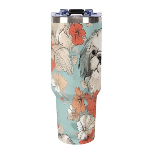 Shih Tzu 40 Oz Car Cup Stainless Steel Travel Mug Leak-Proof Insulated Tumbler with Handle Light Rose Red-style