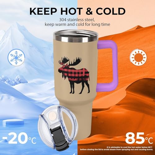 Plaid Moose Lumberjack Red Black 40 Oz Car Cup Stainless Steel Travel Mug Leak-Proof Insulated Tumbler with Handle Violet-style