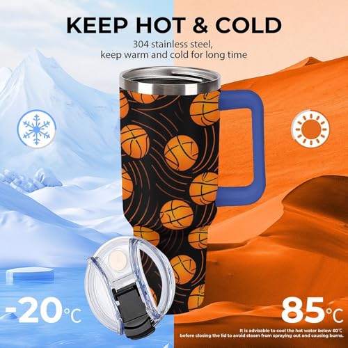 Sports Basketball Pattern 40 Oz Car Cup Stainless Steel Travel Mug Leak-Proof Insulated Tumbler with Handle Deep Blue-style
