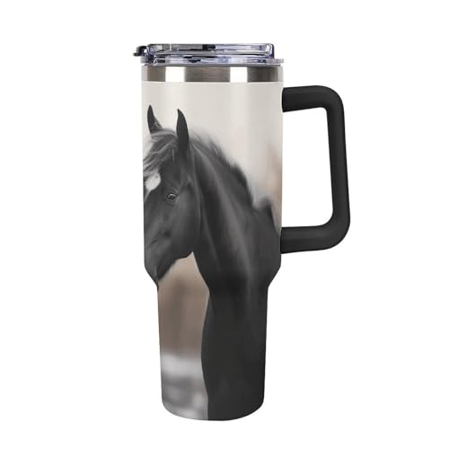 STVNKML 40 Oz Tumbler with Handle Black And White Horses Stainless Steel Coffee Mug Reusable Travel Mug Leak-proof Insulated Car Cup Large Capacity Tumbler for Travel, Outdoor, Home Use (Black)