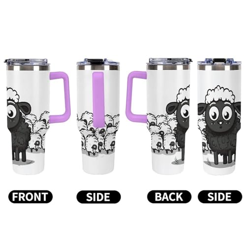 LLUTSNTH 40 Oz Vacuum Tumbler with Violet Handle Leakproof Insulated Tumbler Cartoon Black White Sheep Stainless Steel Travel Mug with Lid And Straw Coffee Cup Cute Water Bottles Cup Holder Friendly