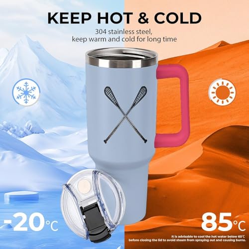 Lacrosse Sticks Crossed 40 Oz Car Cup Stainless Steel Travel Mug Leak-Proof Insulated Tumbler with Handle Light Rose Red-style