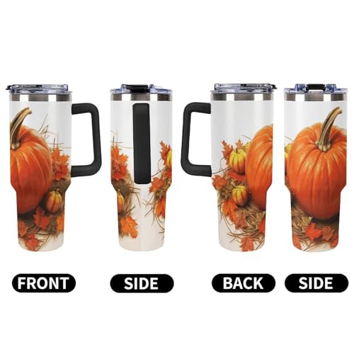LLUTSNTH 40 Oz Vacuum Tumbler with Black Handle Leakproof Insulated Tumbler Fall Pumpkin Stainless Steel Travel Mug with Lid And Straw Coffee Cup Cute Water Bottles Cup Holder Friendly