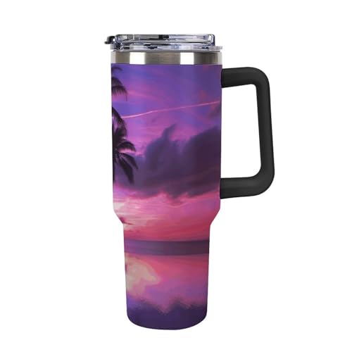STVNKML 40 Oz Tumbler with Handle Palm Tree Purple Sunset Stainless Steel Coffee Mug Reusable Travel Mug Leak-proof Insulated Car Cup Large Capacity Tumbler for Travel, Outdoor, Home Use (Black)