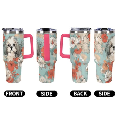 Shih Tzu 40 Oz Car Cup Stainless Steel Travel Mug Leak-Proof Insulated Tumbler with Handle Light Rose Red-style