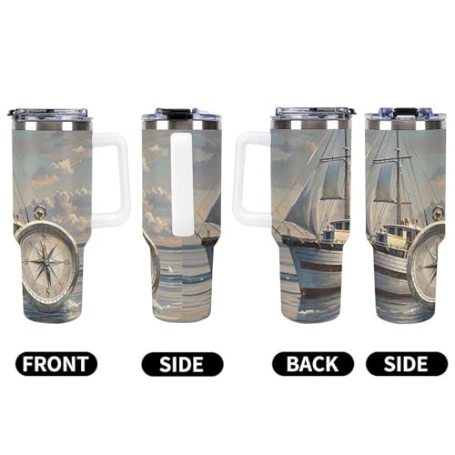 LLUTSNTH 40 Oz Vacuum Tumbler with White Handle Leakproof Insulated Tumbler Ship And Compass Stainless Steel Travel Mug with Lid And Straw Coffee Cup Cute Water Bottles Cup Holder Friendly