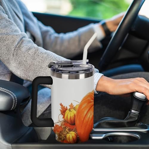 LLUTSNTH 40 Oz Vacuum Tumbler with Black Handle Leakproof Insulated Tumbler Fall Pumpkin Stainless Steel Travel Mug with Lid And Straw Coffee Cup Cute Water Bottles Cup Holder Friendly