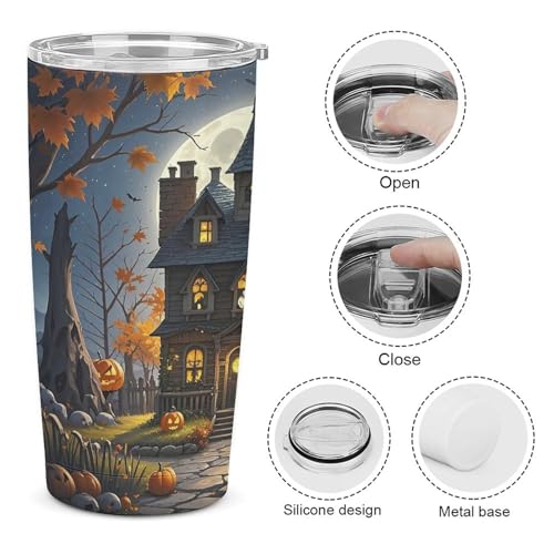 FHENMSA Stainless Steel Insulated Travel Coffee Mug,Moon Castle Print Reusable Car Cup,Thermal Cup for Outdoor with Straw And Lid