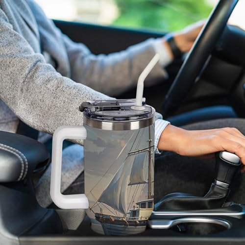 LLUTSNTH 40 Oz Vacuum Tumbler with White Handle Leakproof Insulated Tumbler Ship And Compass Stainless Steel Travel Mug with Lid And Straw Coffee Cup Cute Water Bottles Cup Holder Friendly