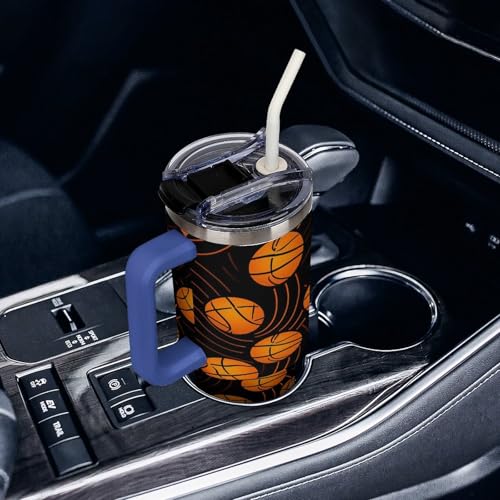 Sports Basketball Pattern 40 Oz Car Cup Stainless Steel Travel Mug Leak-Proof Insulated Tumbler with Handle Deep Blue-style