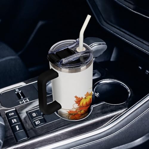 LLUTSNTH 40 Oz Vacuum Tumbler with Black Handle Leakproof Insulated Tumbler Fall Pumpkin Stainless Steel Travel Mug with Lid And Straw Coffee Cup Cute Water Bottles Cup Holder Friendly