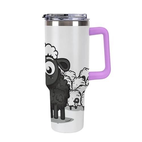 LLUTSNTH 40 Oz Vacuum Tumbler with Violet Handle Leakproof Insulated Tumbler Cartoon Black White Sheep Stainless Steel Travel Mug with Lid And Straw Coffee Cup Cute Water Bottles Cup Holder Friendly