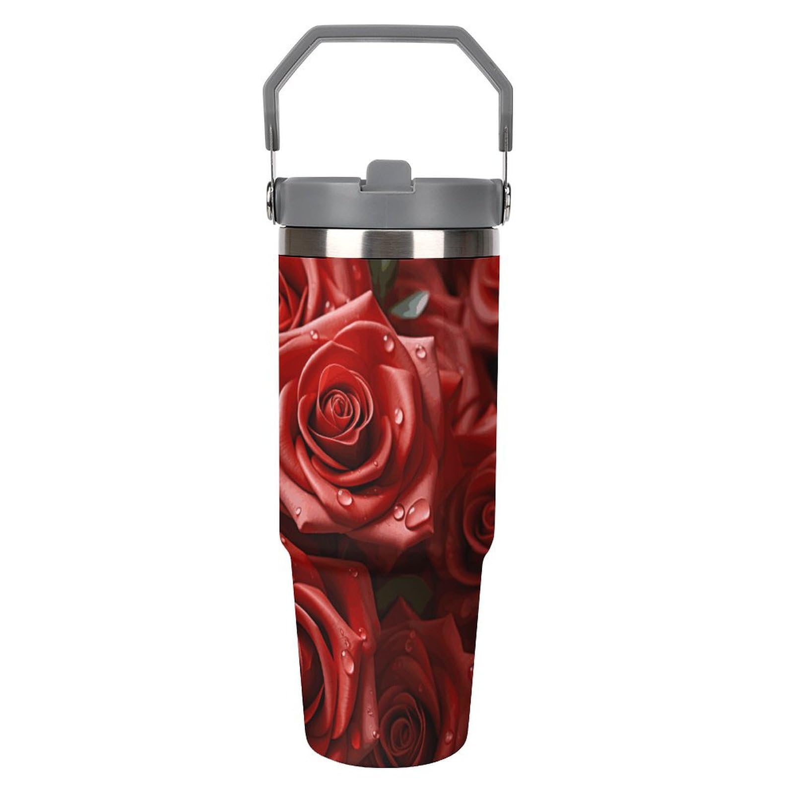 Many Red Roses Tumbler 30oz Large Capacity Car Cup with Handle Fit in Any Car Cup Holder Stainless Steel Leakproof Insulated Coffee Tumblers with Lid And Straw