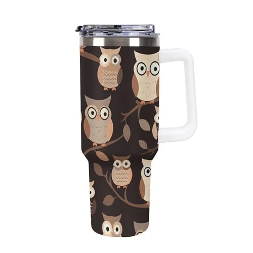 LLUTSNTH 40 Oz Vacuum Tumbler with White Handle Leakproof Insulated Tumbler Cute Brown Cartoon Owls Stainless Steel Travel Mug with Lid And Straw Coffee Cup Cute Water Bottles Cup Holder Friendly