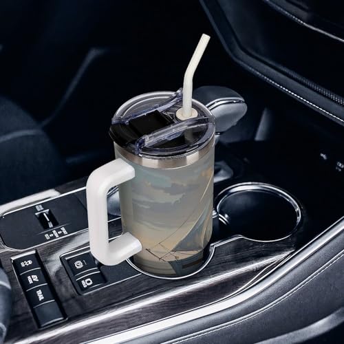 LLUTSNTH 40 Oz Vacuum Tumbler with White Handle Leakproof Insulated Tumbler Ship And Compass Stainless Steel Travel Mug with Lid And Straw Coffee Cup Cute Water Bottles Cup Holder Friendly