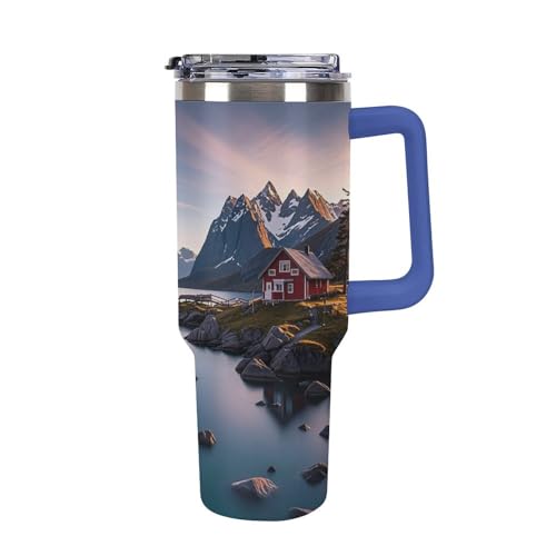 LLUTSNTH 40 Oz Vacuum Tumbler with Deep Blue Handle Leakproof Insulated Tumbler Norway Islands Stainless Steel Travel Mug with Lid And Straw Coffee Cup Cute Water Bottles Cup Holder Friendly