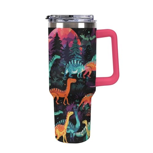 LLUTSNTH 40 Oz Vacuum Tumbler with Light Rose Red Handle Leakproof Insulated Tumbler Colorful Dinosaurs Stainless Steel Travel Mug with Lid And Straw Coffee Cup Cute Water Bottles Cup Holder Friendly