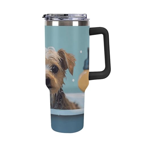 STVNKML 40 Oz Tumbler with Handle Funny Dog in Bathtub Stainless Steel Coffee Mug Reusable Travel Mug Leak-proof Insulated Car Cup Large Capacity Tumbler for Travel, Outdoor, Home Use (Black)