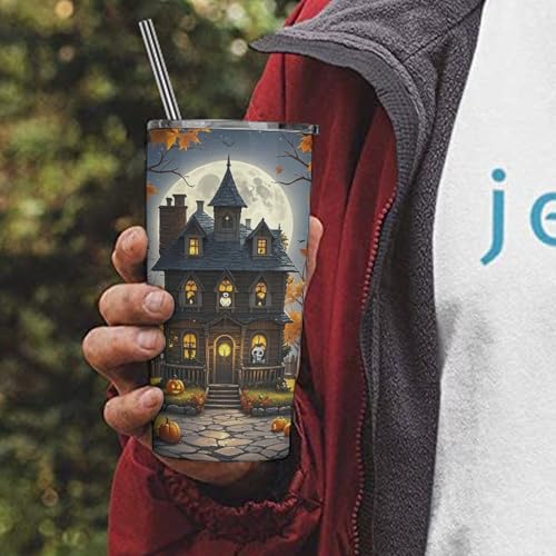 FHENMSA Stainless Steel Insulated Travel Coffee Mug,Moon Castle Print Reusable Car Cup,Thermal Cup for Outdoor with Straw And Lid