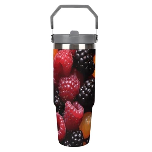 Black And Red Fruits Tumbler 30oz Large Capacity Car Cup with Handle Fit in Any Car Cup Holder Stainless Steel Leakproof Insulated Coffee Tumblers with Lid And Straw