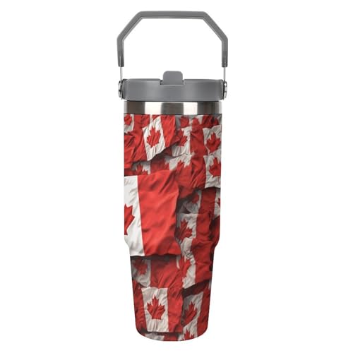 Canadian Flag Tumbler 30oz Large Capacity Car Cup with Handle Fit in Any Car Cup Holder Stainless Steel Leakproof Insulated Coffee Tumblers with Lid And Straw