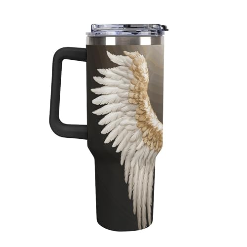 NVBSKKDH Angel Wing 40 Oz Stainless Steel Tumbler with Handle & Straw Double-Walled Vacuum Insulated Travel Mug for Hot/Cold Drinks, Reusable Thermal Cup for Car Cup Holder