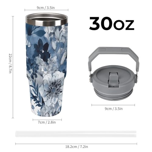 Aqua Blue Floral Pattern Tumbler 30oz Large Capacity Car Cup with Handle Fit in Any Car Cup Holder Stainless Steel Leakproof Insulated Coffee Tumblers with Lid And Straw