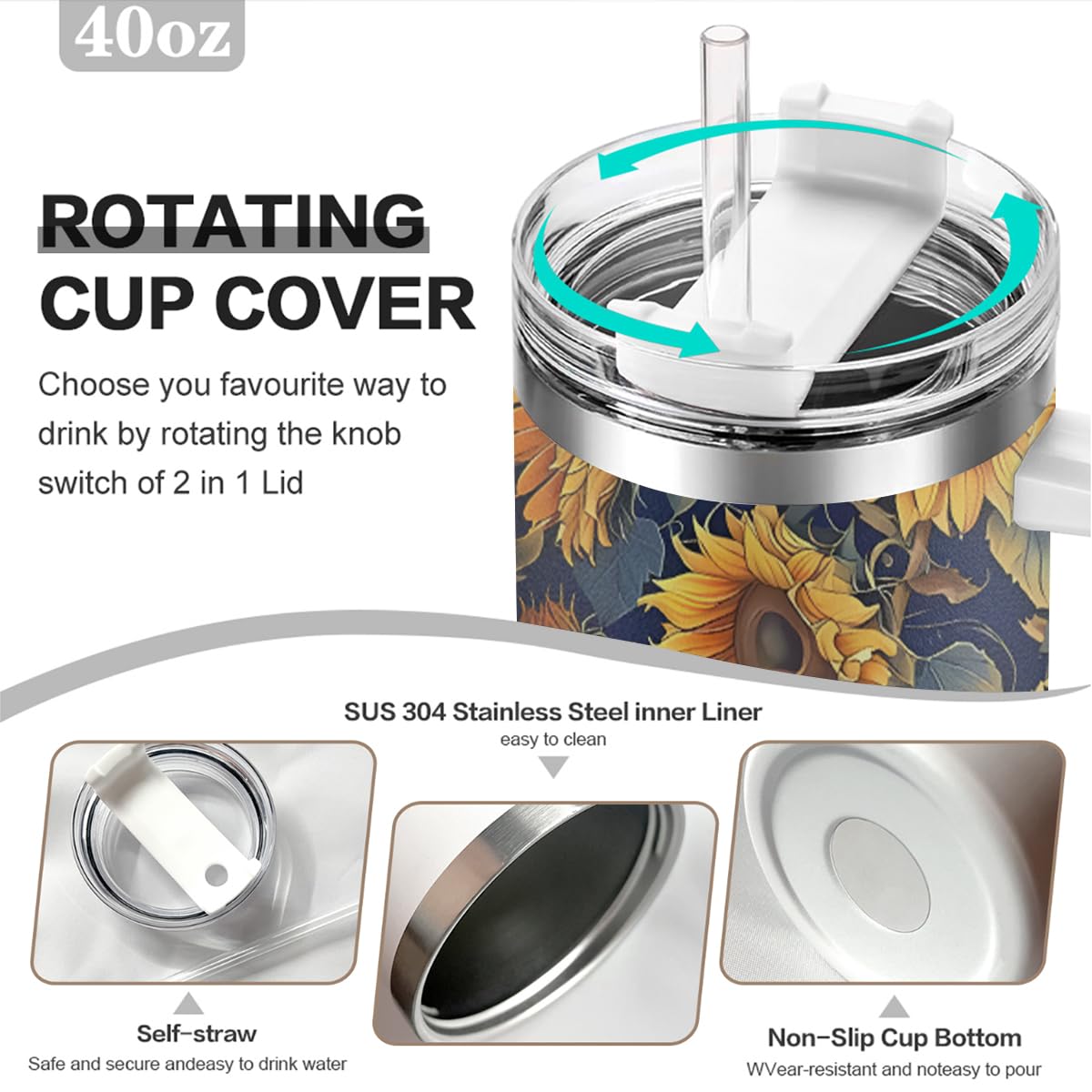 Catygift - Sunflower Style - Personalized Customized 40oz Tumbler - Camping Gift For Him, Her 40oz Tumbler With Handle Gift Ideas Handle Can Change Color