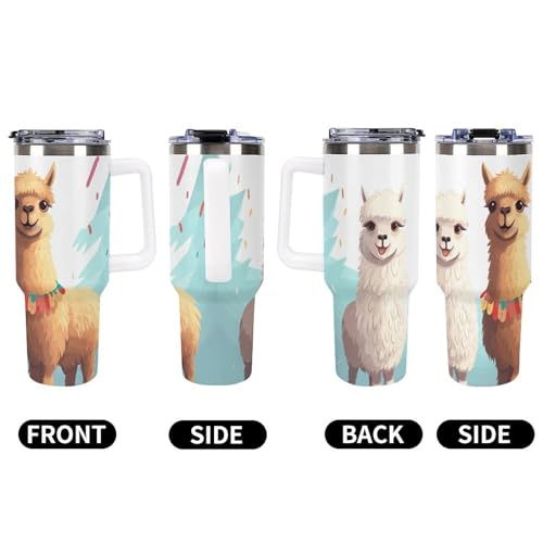 LLUTSNTH 40 Oz Vacuum Tumbler with White Handle Leakproof Insulated Tumbler Llama Alpaca Stainless Steel Travel Mug with Lid And Straw Coffee Cup Cute Water Bottles Cup Holder Friendly