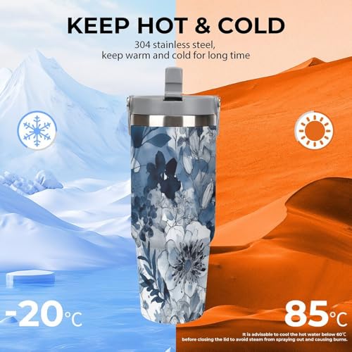 Aqua Blue Floral Pattern Tumbler 30oz Large Capacity Car Cup with Handle Fit in Any Car Cup Holder Stainless Steel Leakproof Insulated Coffee Tumblers with Lid And Straw