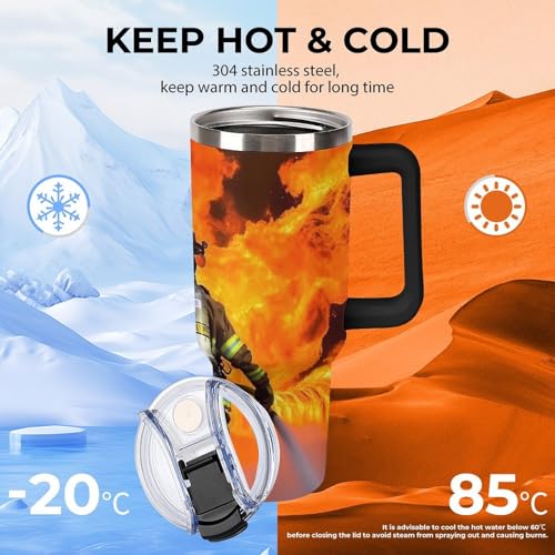 NVBSKKDH Firefighter Fireman Flame 40 Oz Stainless Steel Tumbler with Handle & Straw Double-Walled Vacuum Insulated Travel Mug for Hot/Cold Drinks, Reusable Thermal Cup for Car Cup Holder