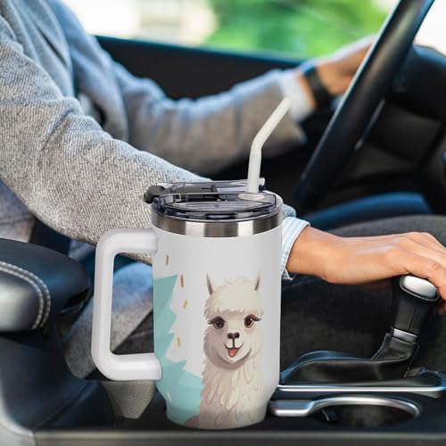 LLUTSNTH 40 Oz Vacuum Tumbler with White Handle Leakproof Insulated Tumbler Llama Alpaca Stainless Steel Travel Mug with Lid And Straw Coffee Cup Cute Water Bottles Cup Holder Friendly
