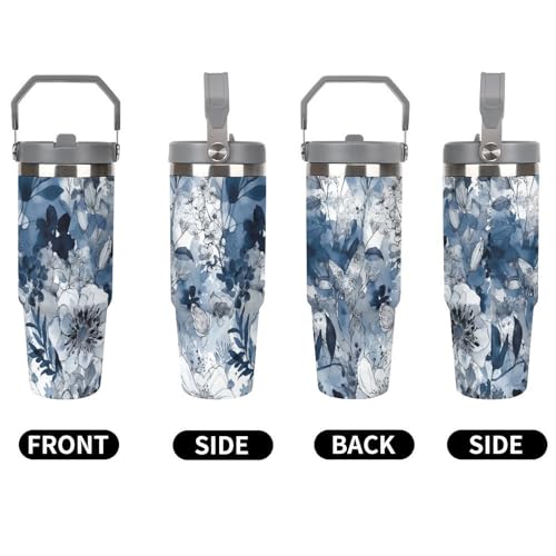 Aqua Blue Floral Pattern Tumbler 30oz Large Capacity Car Cup with Handle Fit in Any Car Cup Holder Stainless Steel Leakproof Insulated Coffee Tumblers with Lid And Straw