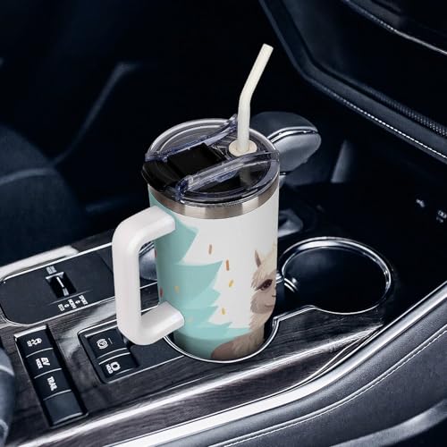LLUTSNTH 40 Oz Vacuum Tumbler with White Handle Leakproof Insulated Tumbler Llama Alpaca Stainless Steel Travel Mug with Lid And Straw Coffee Cup Cute Water Bottles Cup Holder Friendly