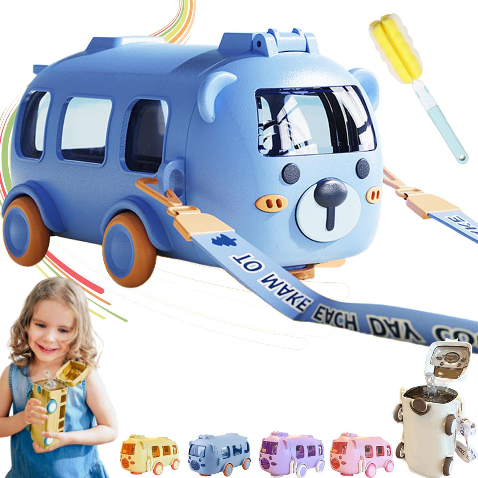 Portable Water Cup in Bus Shape with Strap, 16.9Oz Leak Proof Bus Shaped Water Cup Bottle, Portable Cute Bounce Flip Top Straw Drinking Bottle, Detachable Fun Cars Jug Toy for Camping (blue)