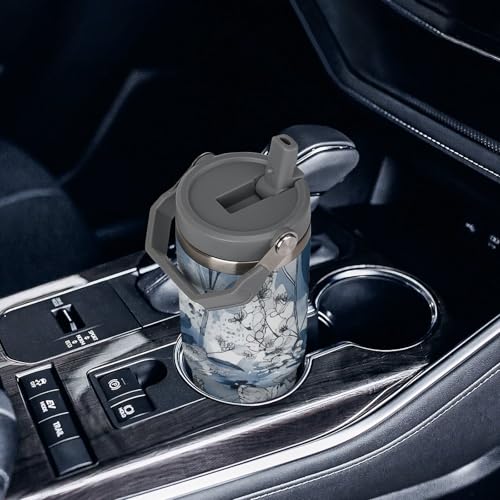 Aqua Blue Floral Pattern Tumbler 30oz Large Capacity Car Cup with Handle Fit in Any Car Cup Holder Stainless Steel Leakproof Insulated Coffee Tumblers with Lid And Straw