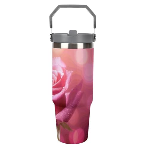 Beautiful Flower Images Tumbler 30oz Large Capacity Car Cup with Handle Fit in Any Car Cup Holder Stainless Steel Leakproof Insulated Coffee Tumblers with Lid And Straw