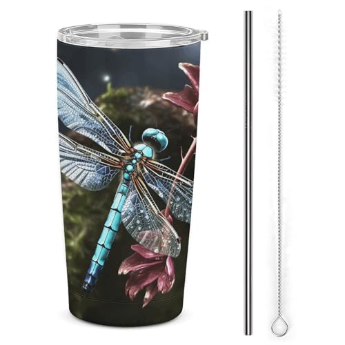 FHENMSA Stainless Steel Insulated Travel Coffee Mug,Blue Dragonfly Print Reusable Car Cup,Thermal Cup for Outdoor with Straw And Lid