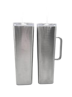 Boxy Double-Wall Insulated Stainless Steel Tumbler Set, 20oz, 2-Pack with Handle and Without Handle, Includes Lids and Straws