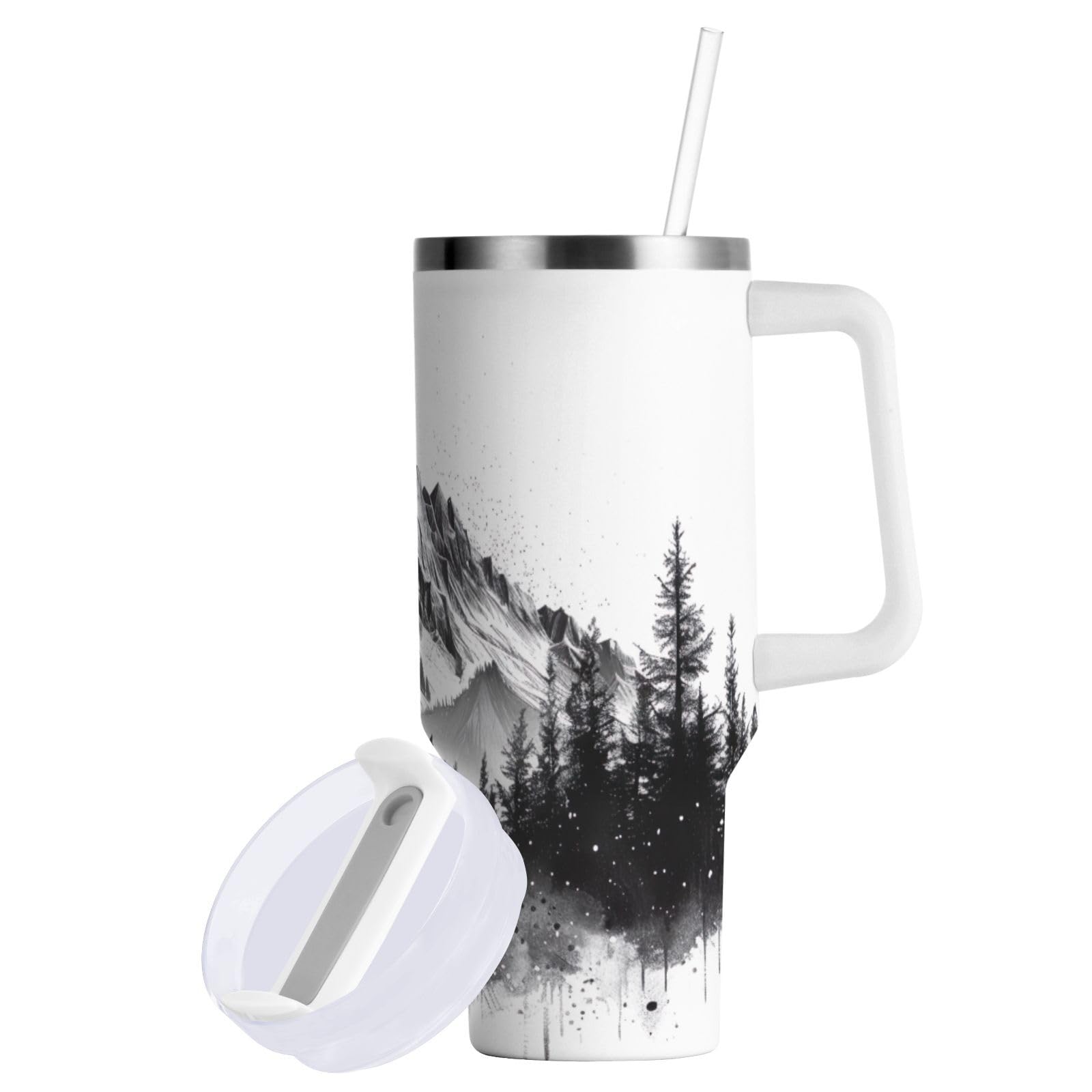 Jihqo Mountain Ink Style 40 oz Stainless Steel Vacuum Insulated Tumbler with Handle and Straw Lid, Leakproof Water Bottle Double Wall Travel Mug Coffee Cup, Cupholder Friendly