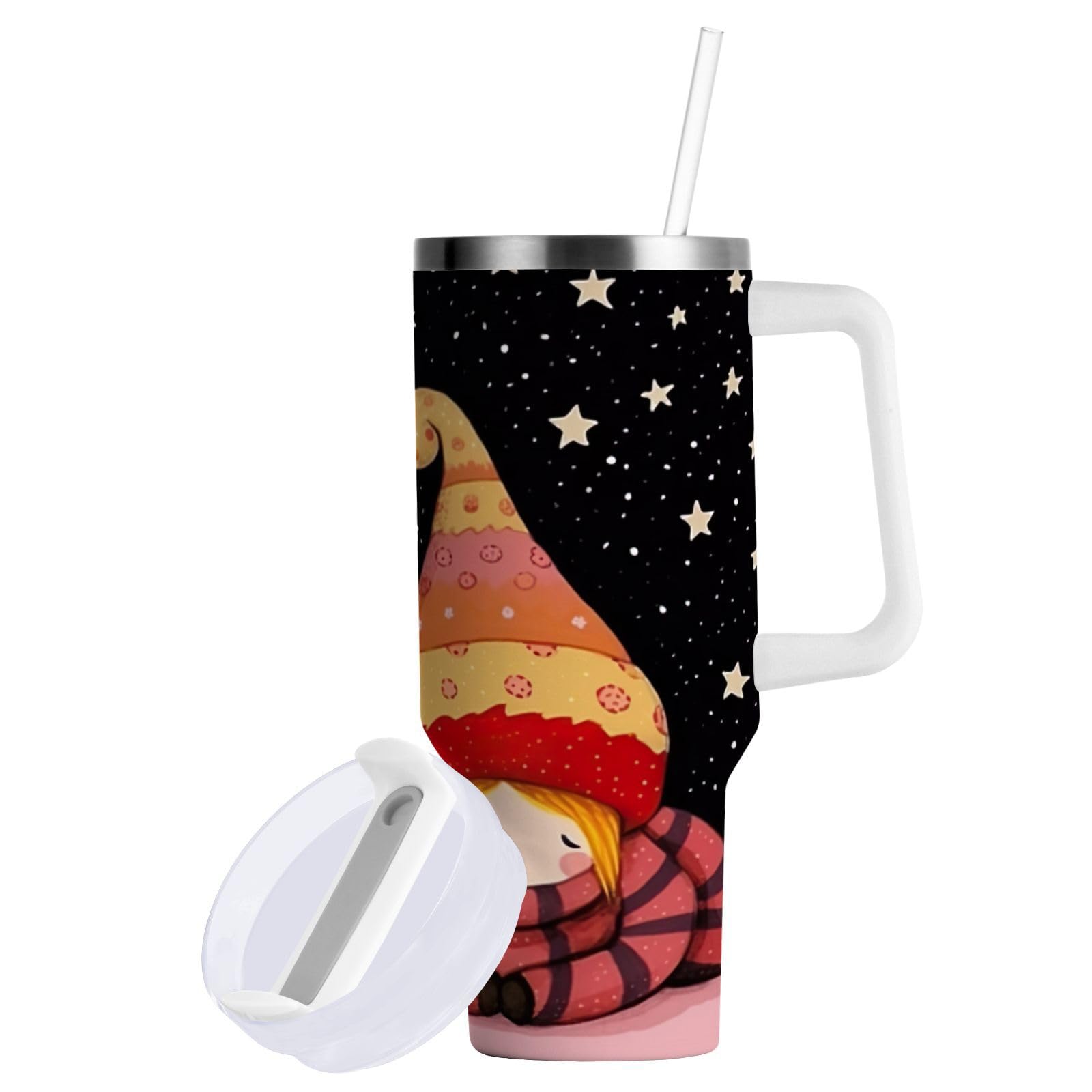 Jihqo Night Sleeping Gnomes 40 oz Stainless Steel Vacuum Insulated Tumbler with Handle and Straw Lid, Leakproof Water Bottle Double Wall Travel Mug Coffee Cup, Cupholder Friendly