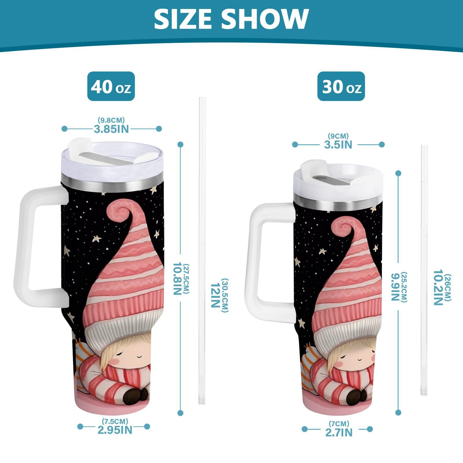 Jihqo Night Sleeping Gnomes 40 oz Stainless Steel Vacuum Insulated Tumbler with Handle and Straw Lid, Leakproof Water Bottle Double Wall Travel Mug Coffee Cup, Cupholder Friendly