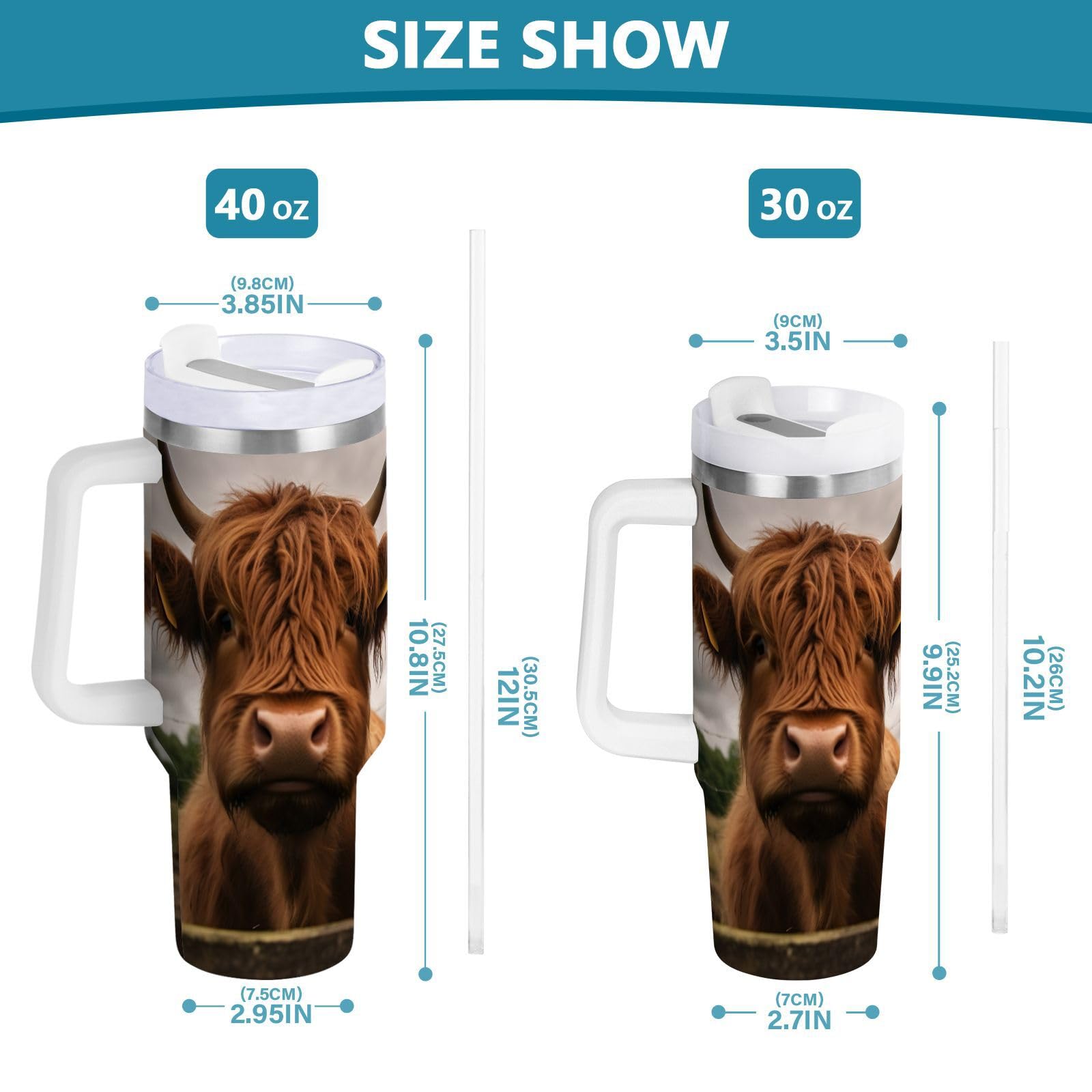 Jihqo Scottish Highland Cattle Cows 40 oz Stainless Steel Vacuum Insulated Tumbler with Handle and Straw Lid, Leakproof Water Bottle Double Wall Travel Mug Coffee Cup, Cupholder Friendly